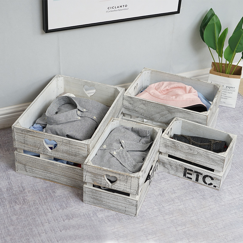 Gray multi-layer wooden storage crates