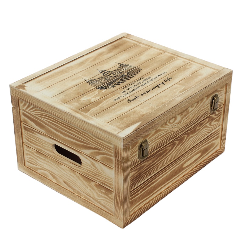 Wooden wine crate with hinged lid