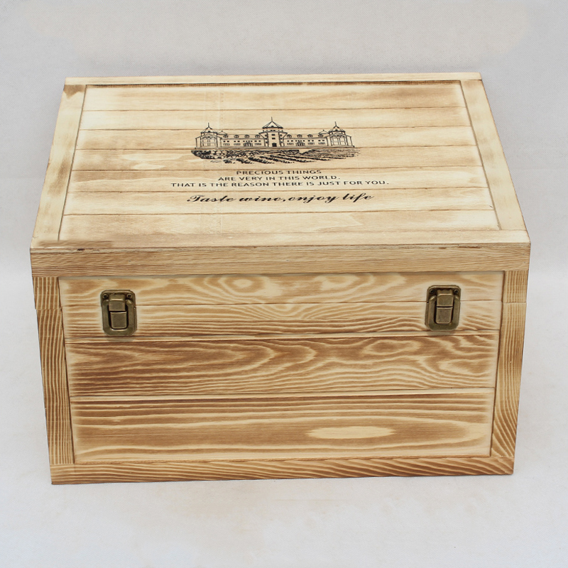 Wooden wine crate with hinged lid