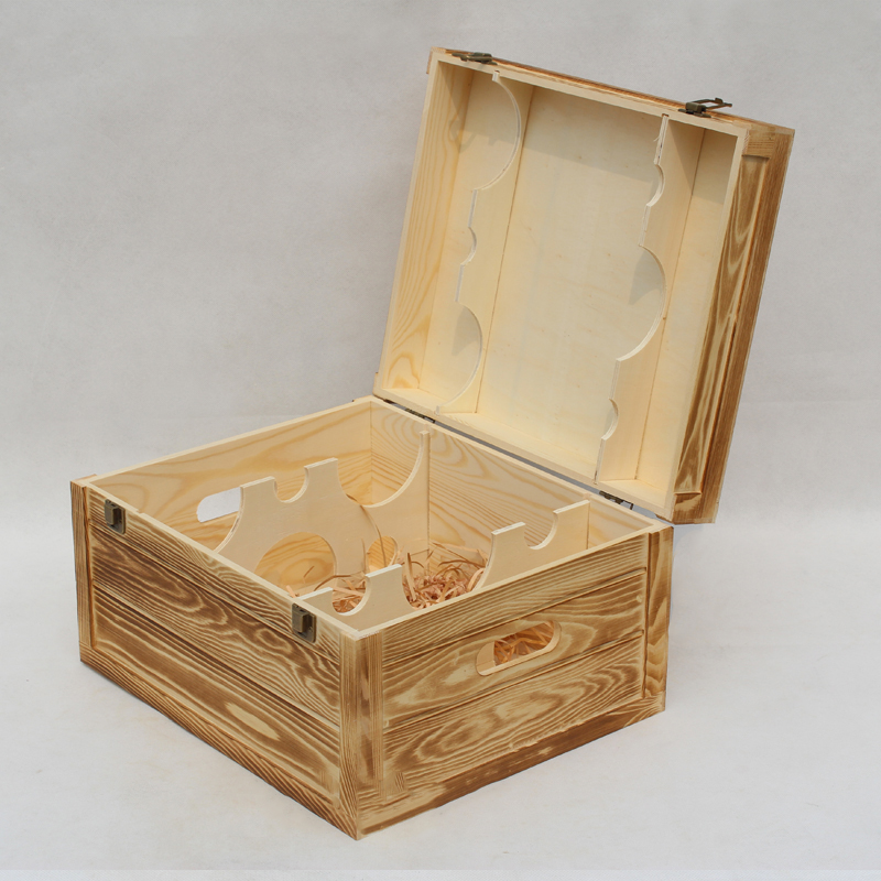 Wooden wine crate with hinged lid